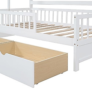 Twin Size House Bed with 2 Drawers and Shelf, Wood House Bed Frame with Roof Design and Safety Guardrail, Montessori Bed for Girls Boys Bedroom, Can be Decorated (White + Wood-A39)