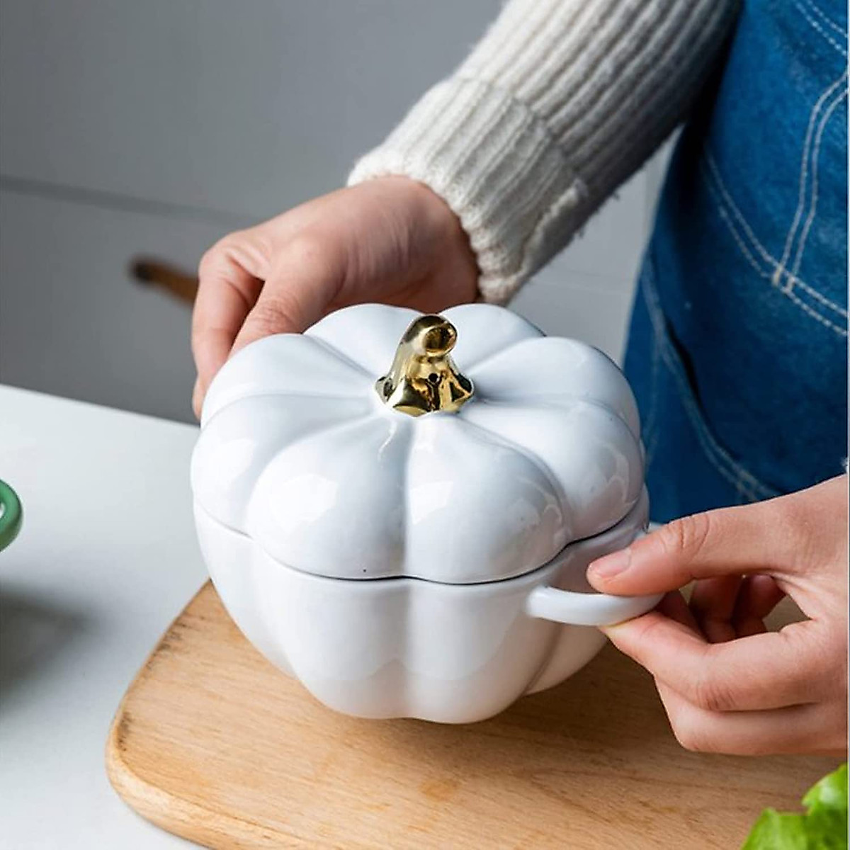 NUANYOYO Ceramic Pumpkin Soup Bowl with Lid,Pumpkin Soup Bnowl,Ceramic Stew Pot Pumpkin Shape Storage Jar,Ceramic Pumpkin Dessert Bowl for Fashion Creative Tableware (White)