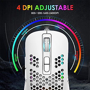 LexonElec Mini Ultralight Wired Gaming Mouse,4 Kinds RGB Backlit,2400DPI 4 Levels Adjustable,Lightweight Honeycomb Shell Mice for PC Gamers,Xbox,PS4(White)