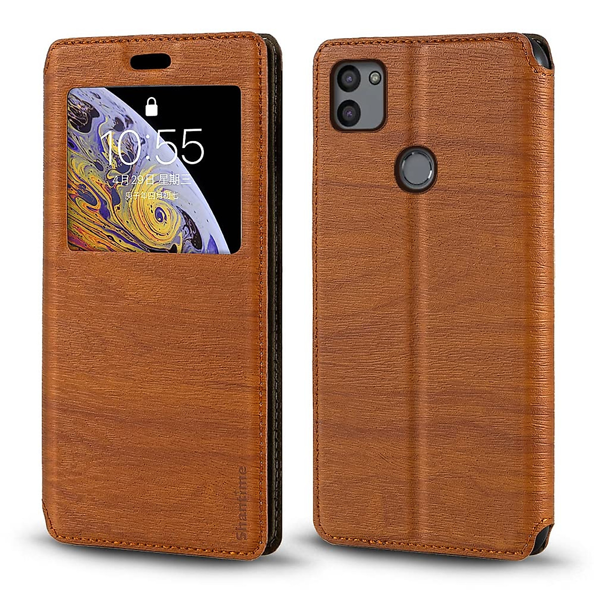 for Gigaset GS5 Case, Wood Grain Leather Case with Card Holder and Window, Magnetic Flip Cover for Gigaset GS5 Lite (6.3”)