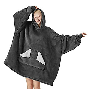 Touchat Wearable Blanket Hoodie, Oversized Sherpa Blanket Sweatshirt with Hood Pocket and Sleeves, Hooded Blanket for Adult Women Men, (Gray)