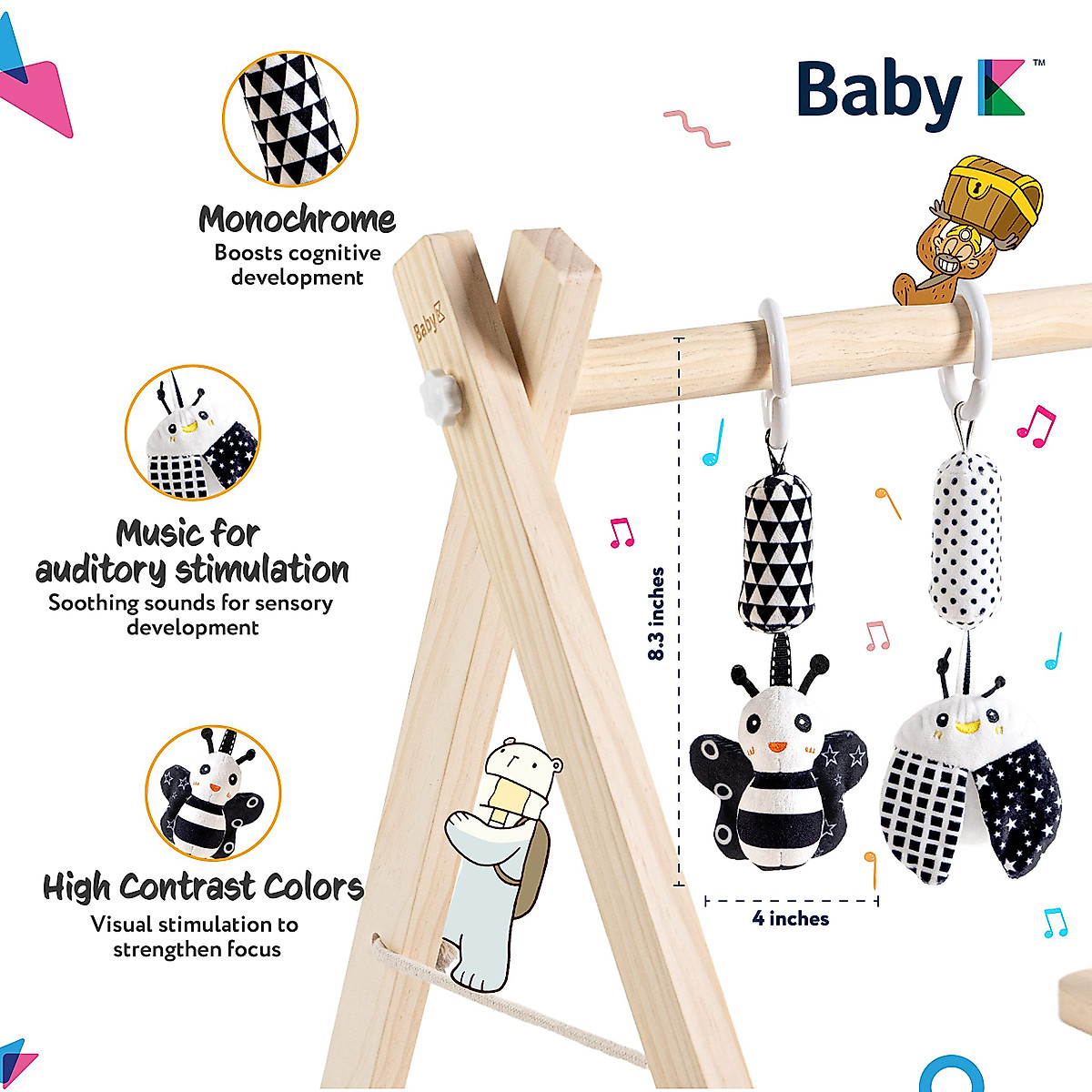 BABY K Wooden Baby Play Gym (with 7 Toys) - Foldable Wooden Play Gym with Wooden and Monochrome Hanging Toys for Baby Gym - Natural Wooden Surface - Cloth Cards & Mirror Toys for Activity Gym