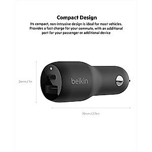 Belkin 37 Watt Dual USB Car Charger - Power Delivery 25W USB C Port & 12W USB A Port for PPS Charging Apple iPhone 14, 14 Pro, 14 Pro Max, iPhone 13, Samsung Galaxy, AirPods & More