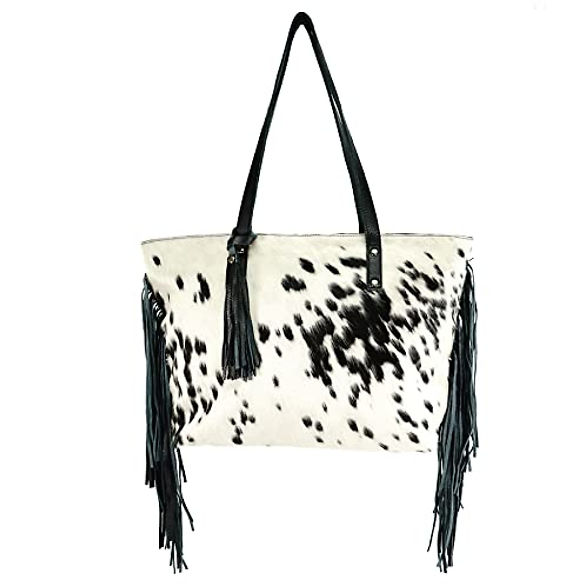 bonanza leathers women's cowhide leather large shoulder tote bag with fringes and zipper closure 505 (black)
