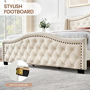 IDEALHOUSE King Size Upholstered Platform Bed Frame with Tall Headboard 47.2", King Bed with Velvet Button Tufted & Nailhead Trim Wingback Headboard, Luxurious Arched Footboard, Beige