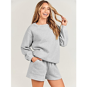 ANRABESS Women 2 Piece Outfits Sweat Shorts Sets 2025 Oversized Casual Lounge Matching Set Sweatsuit Tracksuit Clothes Light Grey Small