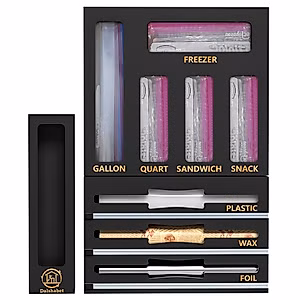 DALSHABET 9 IN1 Bamboo Storage Bag Drawer Organizer with Cutter, Foil and Plastic Wrap Dispenser for Kitchen Storage Compatible with All Brands Gallon, Quart, Sandwich & Snack Size Bags - Black