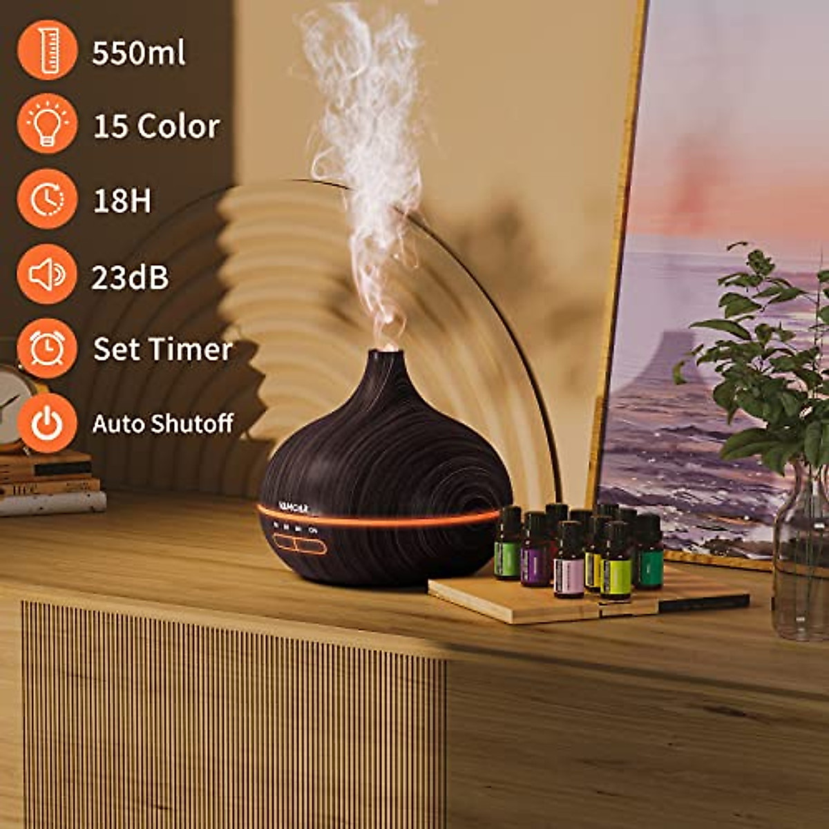 Essential Oil Diffuser Gift Set ，550ml Diffuser & Essential Oil Set, Top 10 Essential Oils, Aromatherapy Diffuser Humidifier with 4 Timer &Auto Shut-Off for & 15 Ambient Light Settings