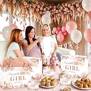 Baby Shower Paper Bag, Pink Floral Sweet Baby Girl Gift Bag with Tissue Paper and Card Boho Dried Flowers Wrap Bag with Handle for Baby Shower Birthday Gender Reveal Party Favors Decorations Supplies