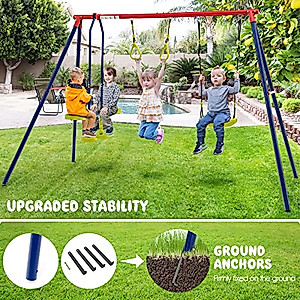 OLAKIDS Swing Sets for Backyard, Outdoor 3 in 1 A-Frame Heavy Duty Metal Stand for Kids and Adults, 440LBS Playground Activity Playset with Swing Seat, Glider, Trapeze Rings for Toddlers