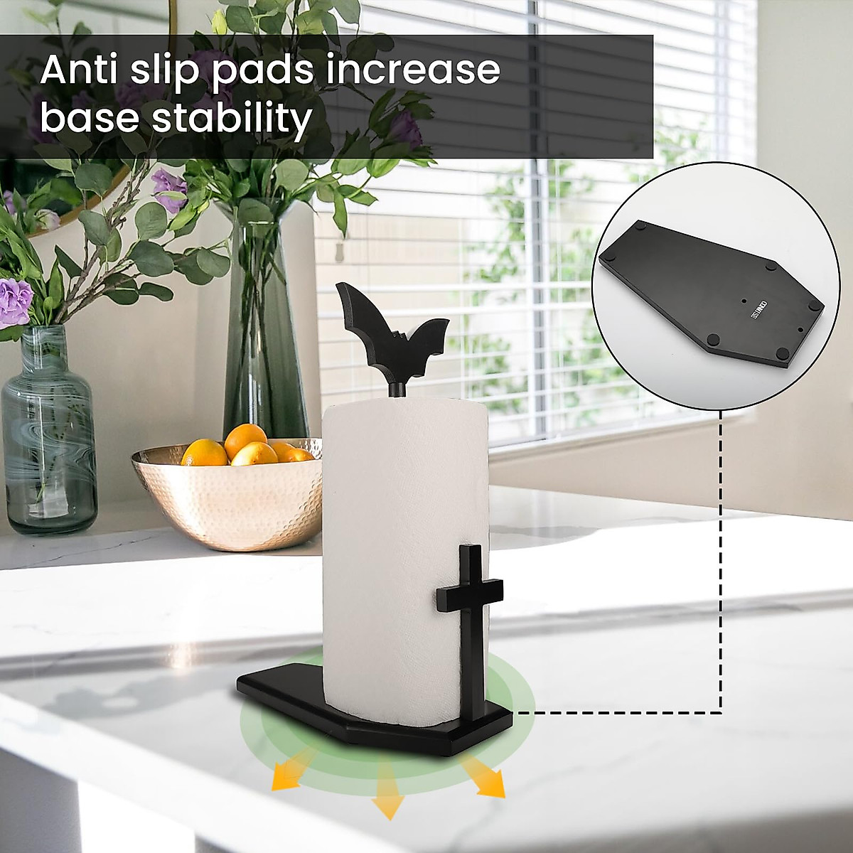 Bat Paper Towel Holder Countertop Large,Wooden Halloween Kitchen Paper Towels Holder Stand for Large Size Rolls,Black Halloween Decor Gothic Decor for Kitchen and Bathroom. (Bat)