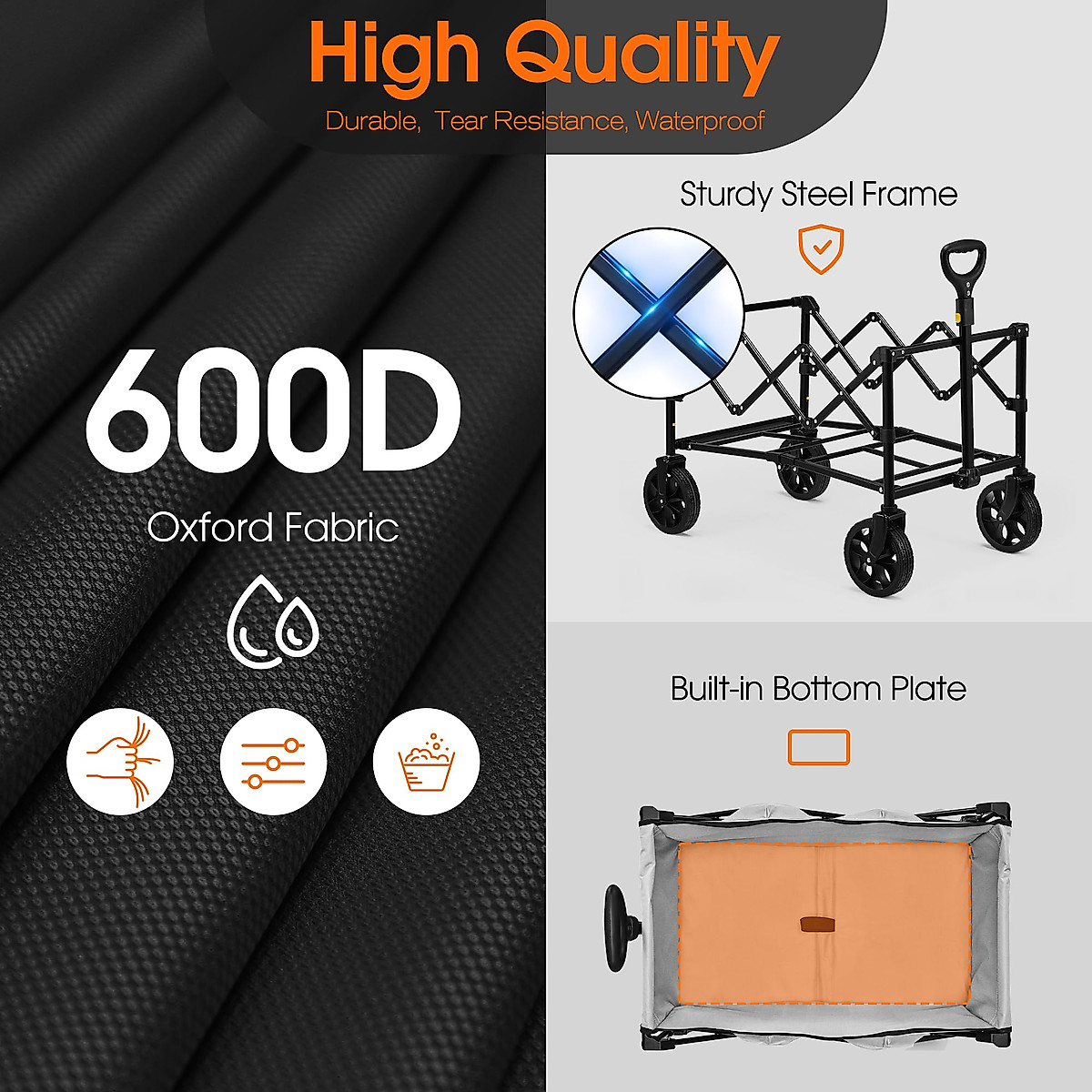 Collapsible Folding Wagon,Large Utility Wagon Cart Foldable,Folding Wagon Cart with All Terrain Wheels,Heavy Duty Garden Cart,Portable Wagon for Shopping Grocery Camping Sports Fishing (Black/White)