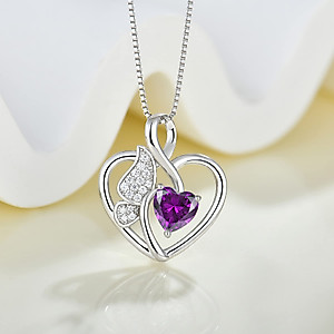 Lwsary Butterfly Necklace 925 Sterling Silver Love Heart Necklace Amethyst Pendant February Birthstone Jewelry for Women