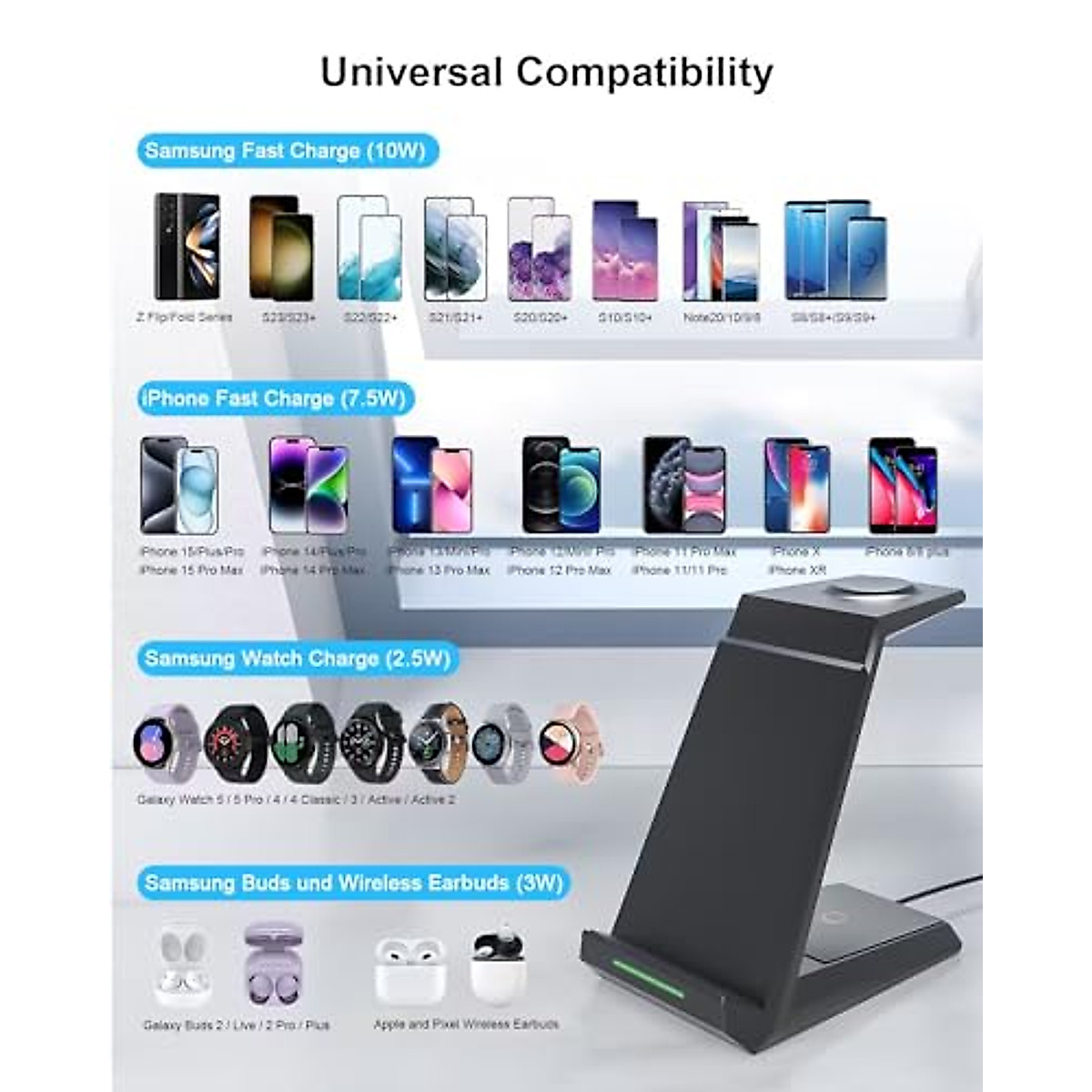Wireless Charger for Samsung, ADADPU 3 in 1 Charging Station for Multi Devices Fast Charger Stand Dock for Galaxy S24 Ultra S23 S22 S21,Galaxy Watch 6/5/4/3/Pro,Galaxy Buds
