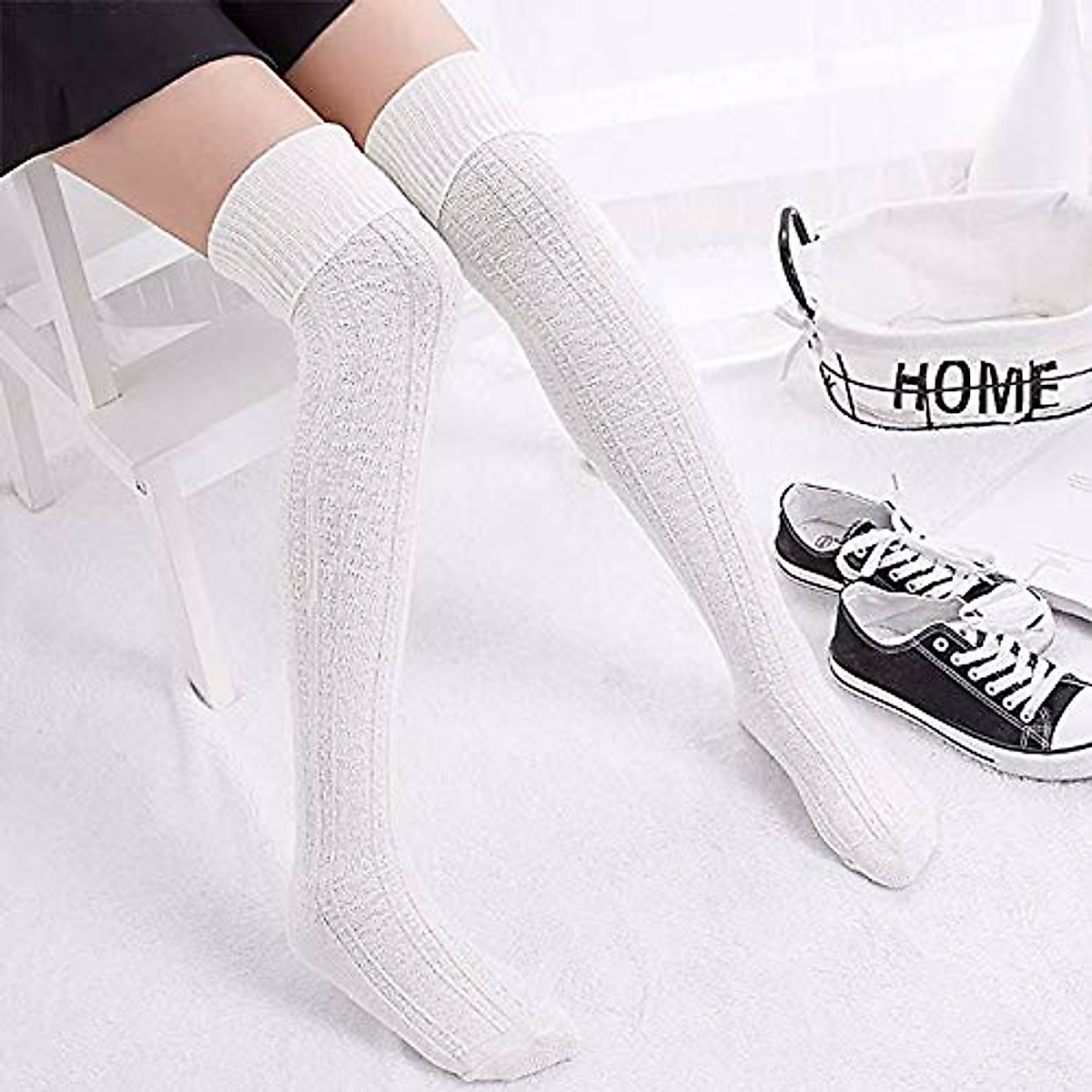 Century Star Women's Casual Athlete Striped Over Knee Thin Thigh High Tights Long Stocking Socks A 1 Pair Pure White One Size