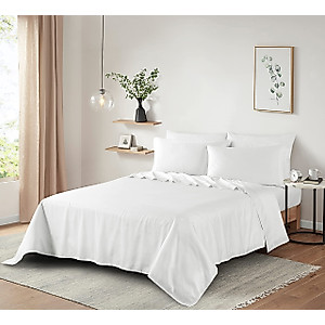 ELINEN 100% Supima Cotton Sheets 600 Thread Count,Bed Sheet Set King Size Sheets 4 Pieces,Soft & Silk Sateen Weave, Fits Mattress Up to 18",Deep Pocket, Breathable & Fade Resistant(White,King)