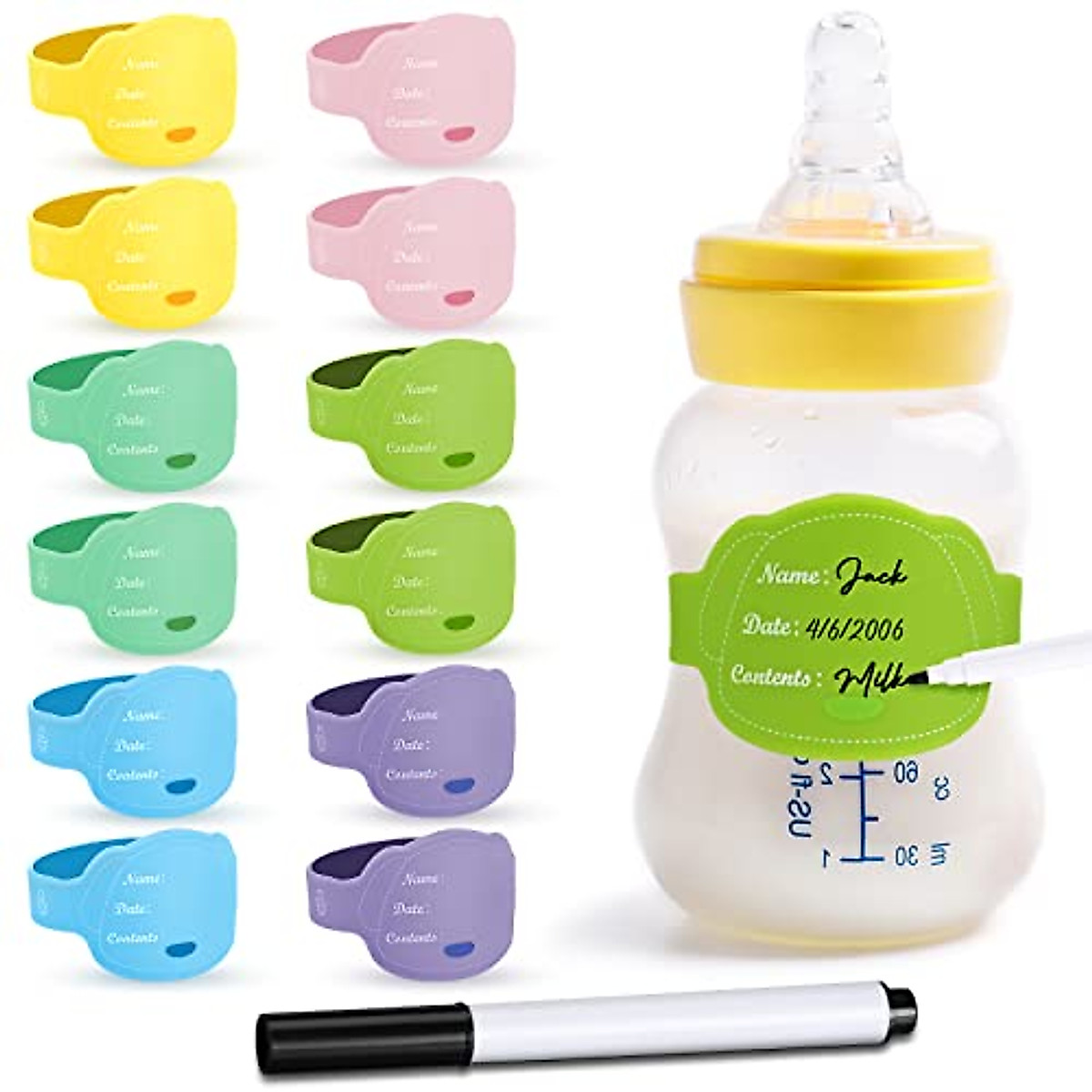 12 Pcs Baby Bottle Labels for Daycare, Silicone Daycare Bottle Labels Day Care Essentials Reusable Waterproof Water Bottle Name Bands in Shape Design with Marker Pens, 6 Colors (Dog Style)