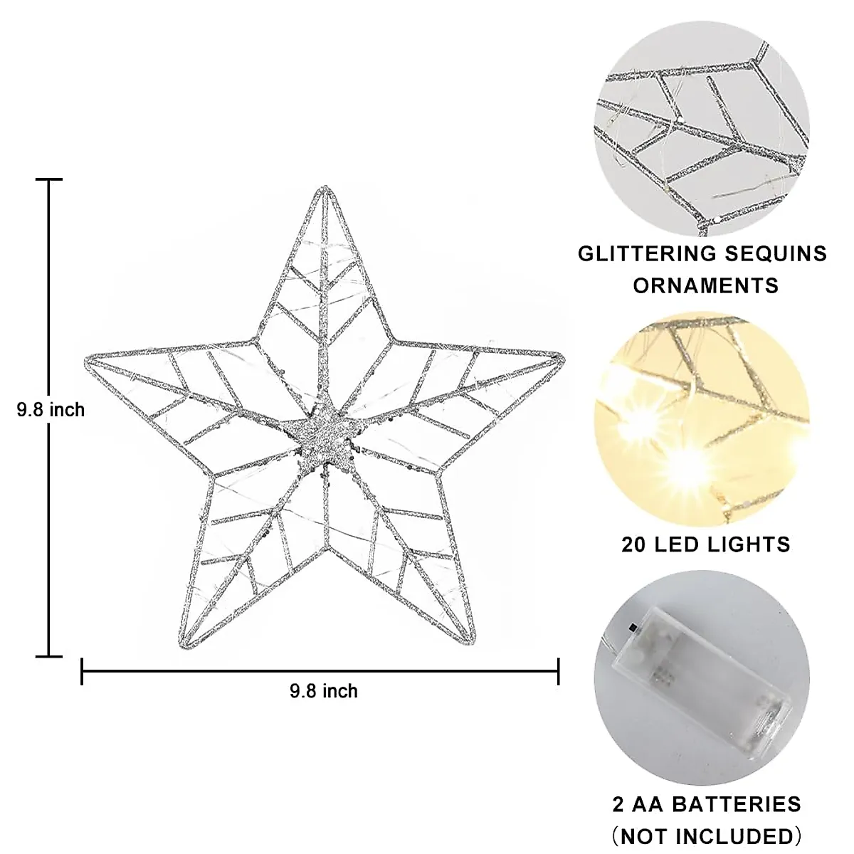 YEAHOME Christmas Tree Topper, Lighted Hollow 5-Point Star Tree Topper, Wire Star for Christmas Treetop with 20 LED Lights Xmas Tree Topper for Christmas Tree Ornament Decoration, Silver Glittered