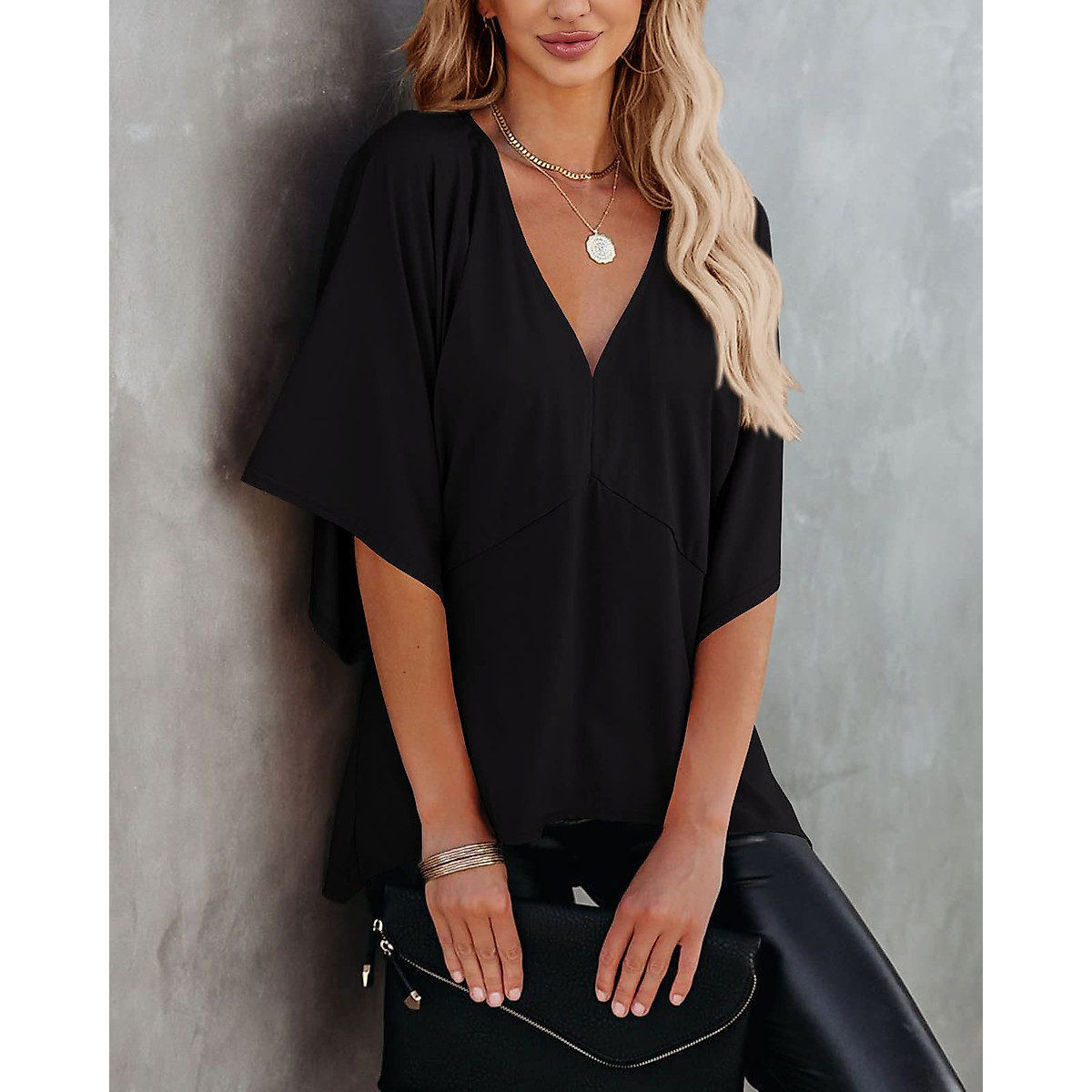 Womens V Neck 3/4 Bell Sleeve Blouse Tops Summer Loose Solid Kimono Shirt Patchwork Irregular Hem Tunic Black