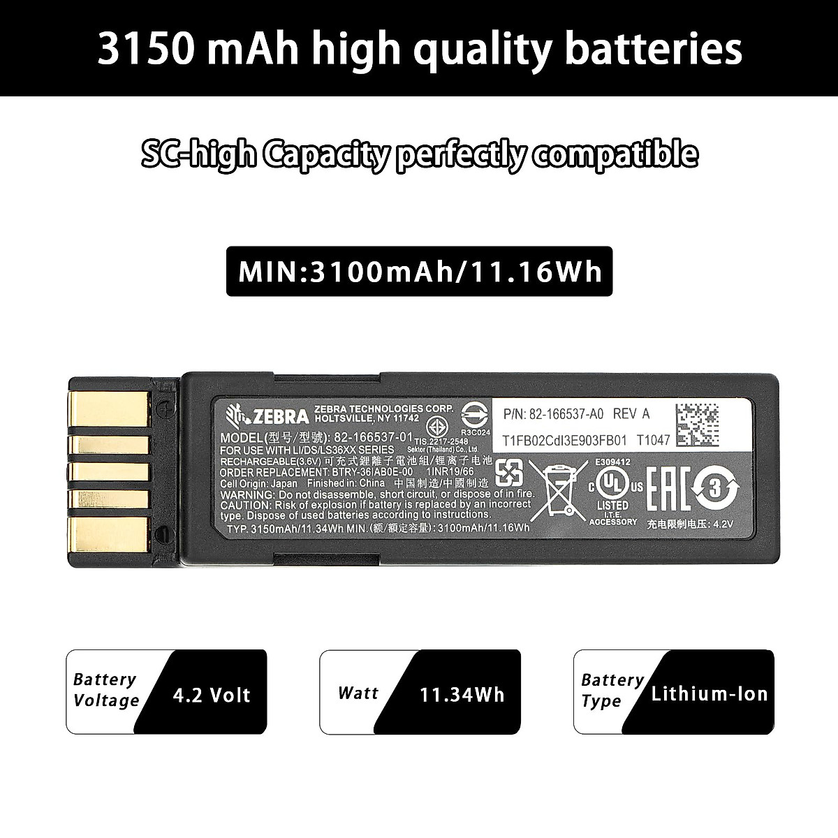 BTRY-36IAB0E-00 Replacement Battery for Zebra DS3678 DS3600 LI3678 LI3600 LS3678 LS3600 82-166537-01 Handheld Barcode Scanner