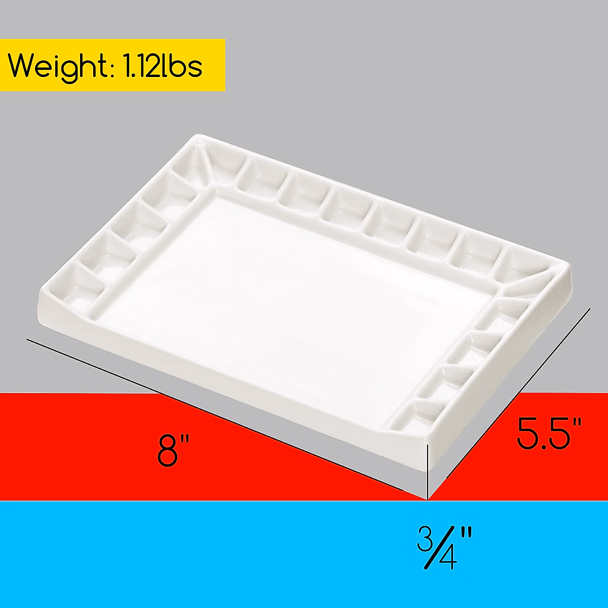 MEEDEN 18-Well Porcelain Artist Paint Palette, Mixing Art Ceramic Watercolor Paint Palette for Watercolor Gouache Acrylic Oil Painting, Rectangle 8 by 5-1/2-Inch