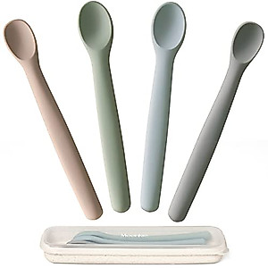 Moonkie Silicone Baby Spoons Set of 4, Soft-Tip Spoons for First Stage Infant Feeding, Bendable, Chewproof Baby Training Spoon Baby Utensils, Ideal for Self-Feeding and Baby Led Weaning