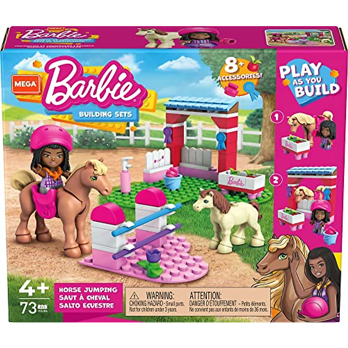 Mega Barbie Pets Horse Toy Building Set with Micro-Doll and Accessories, 1 Horse and 1 Pony, Easy-to-Build Horse Jumping Playset