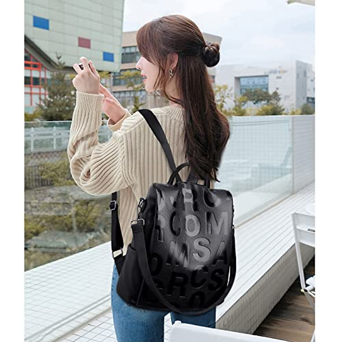 Multipurpose PU Leather Women Anti Theft Backpack Purse Travel Fashion Handbag Ladies Shoulder Bag (Black letters)