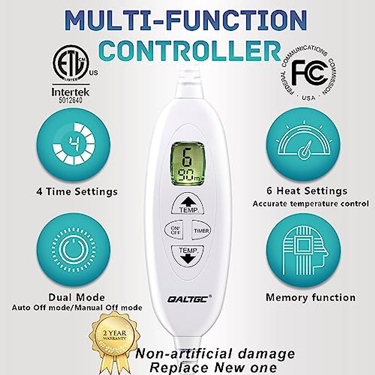 QALTGC Heating Pad (12"x 24"), LCD Controller, Machine Washable, Comfortable Soft for Cramps/Pain Relief（Grey）