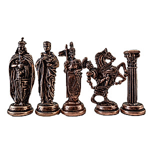 GiftHome Medieval British Army Antique Copper Metal Chess Set for Adults,Handmade Pieces and Natural Solid Wooden Chess Board with Storage Inside King 3.35inc