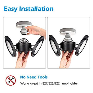 BRIGENIUS LED Garage Light, 60W LED Garage Lighting, 6000LM 6500K LED Three-Leaf Garage Ceiling Light, Deformable E26/E27 Garage Lights for Garage, Workshop