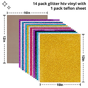 HTVRONT Glitter Heat Transfer Vinyl Bundle - 15 Pack 12" x 10" HTV Sheets Glitter HTV Vinyl for T-shirts, Glitter Iron on Vinyl for Cricut - Easy to Cut & Weed