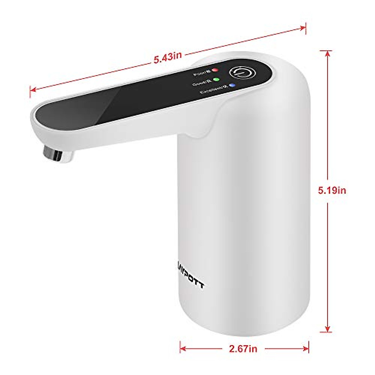 Electric Water Bottle Pump, Maypott Water Jug Pump for 3-5 Gallon Bottle Build-in TDS Water Quality Tester USB Charging Low Noise Portable Drinking Water Dispenser for Camping Outdoor (White)