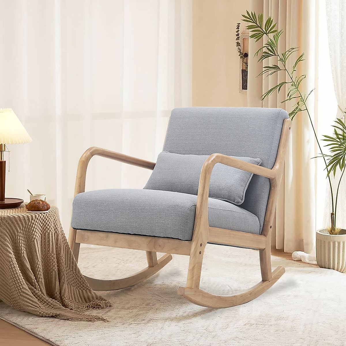 Altrobene Modern Rocking Chair, Accent Chair Glider Rocker, Lazy Lounge Arm Chair for Baby Nursery/Living Room/Bedroom, Grey, Waist Pillow Included