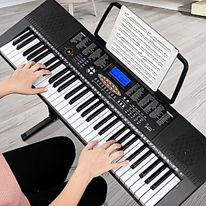 GLARRY 61-Key Portable Electronic Keyboard Piano set w/LCD Screen, Stand, Microphone, Headphones, Stand, Bench, Teaching Modes, Built-In Speakers