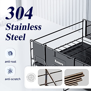Kitsure Dish Drying Rack Large - Stainless Steel Dish Rack for Kitchen Counter, Dish Drainer with Drainboard Connected to The Sink, Dish Holder for Cups, Cutlery & Cutting Board, Black, Single-tiers
