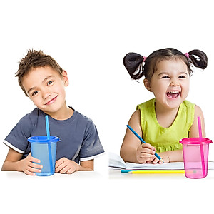 Sawysine 12 Pieces Kids Cups with Straws and Lids, Tumbler Cups Bulk Plastic Cups for Toddlers Reusable Spill Proof Christmas Cups for Kids with Colored Alphabet Stickers