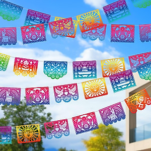 Qpout 5 Packs Mexican Party Banners Iridescent Plastic Papel Picado Banner Cinco de Mayo Decor Fiesta Garland for Dia De Los Muertos Decor,Fiesta Birthday Baby Shower Party Decorations Flags