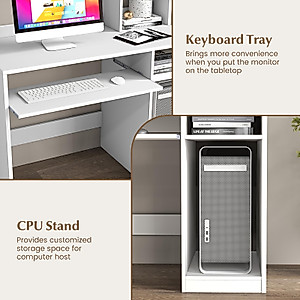 IFANNY White Computer Desk with Hutch, Wood PC Desk w/Power Outlet, Keyboard Tray and CPU Stand, Modern Writing Desk with Bookshelf, Student Desk for Bedroom, Simple Work Desk for Home Office