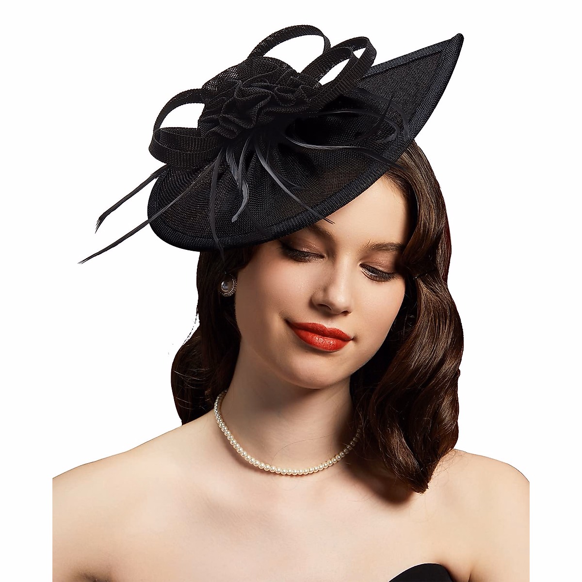 Pillbox Hats 20s 50s Vintage Fascinators for Women with Feather Mesh Veil Headband Bridal Wedding Tea Party (F-Black)