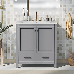 Merax 30" Bathroom Vanity with Single Sink, Combo Cabinet Undermount Sink, Bathroom Storage Cabinet with 2 Doors and a Drawer, Soft Closing, Multifunctional Storage, Solid Wood Frame, Gray
