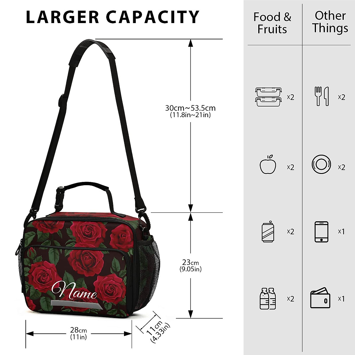 Glaphy Custom Red Rose Flower Lunch Bag for Boys Kids, Personalized Your Name Lunch Tote Bags Insulated Lunch Box for Office Work School Picnic