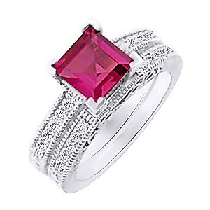 AFFY 2 cttw Simulated Pink Sapphire & White Natural Diamond Engagement Wedding Ring Set in 14k White Gold with Ring Size 8.5