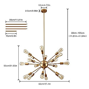 mirrea Vintage Metal Large Dimmable Sputnik Chandelier with 18 Lights (Brushed Brass)