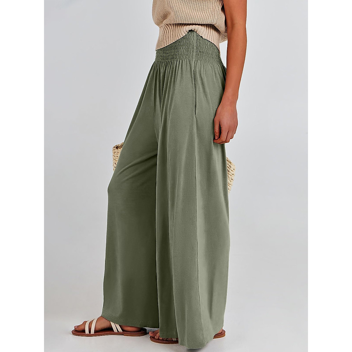 ANRABESS Women Palazzo Pants Summer Boho Bagyy Wide Leg High Smocked Waist Casual Loose Lounge Pant with Pocket Olive X-Large