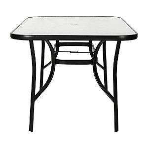 Flash Furniture Tory Rectangle Patio Table with Umbrella Hole, Commercial All-Weather Table with Heat Resistant Tempered Glass, Steel Tube Frame, 35x 59, Black