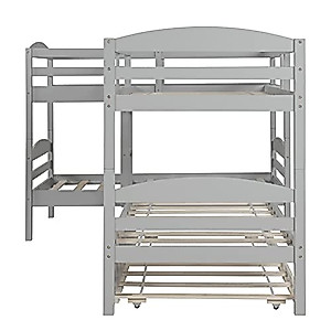 Quad Bunk Bed with Trundle L-Shape Bunk Bed Twin Over Twin Corner Bunk Bed for 4 or 5 Kids Boys Girls Teens, Gray