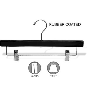 Black Rubberized Wooden Pant Hanger with Adjustable Cushion Clips, Rubber Coated Bottom Hangers with Chrome Swivel Hook (Set of 50) by The Great American Hanger Company