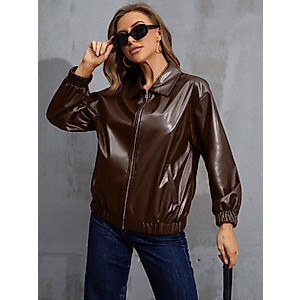PITINAN Brown Leather Jacket Women Long Sleeve Warm Womens Faux Leather Jacket Motorcycle Jacket Fall Coat 2023 Trendy Leather Jacket for Women Bomber Jacket Brown L