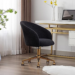 HomVent Modern Faux Fur Home Office Chair, Furry Cute Desk Chair with Gold Metal Leg, Ergonomic Adjustable Swivel Desk Chair with Wheels, Makeup Vanity Chair for Girls Women Study Makeup Bedroom Black